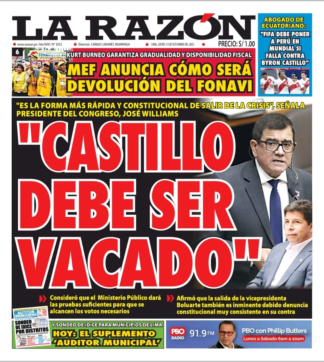 Portada impresa – Diario La Razón (15/09/2022) - La Razón