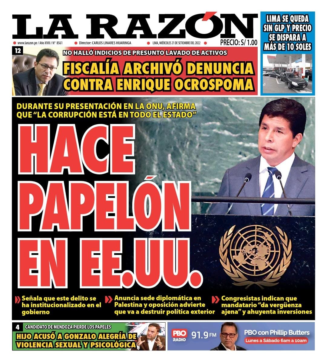Portada impresa – Diario La Razón (21/09/2022) - La Razón