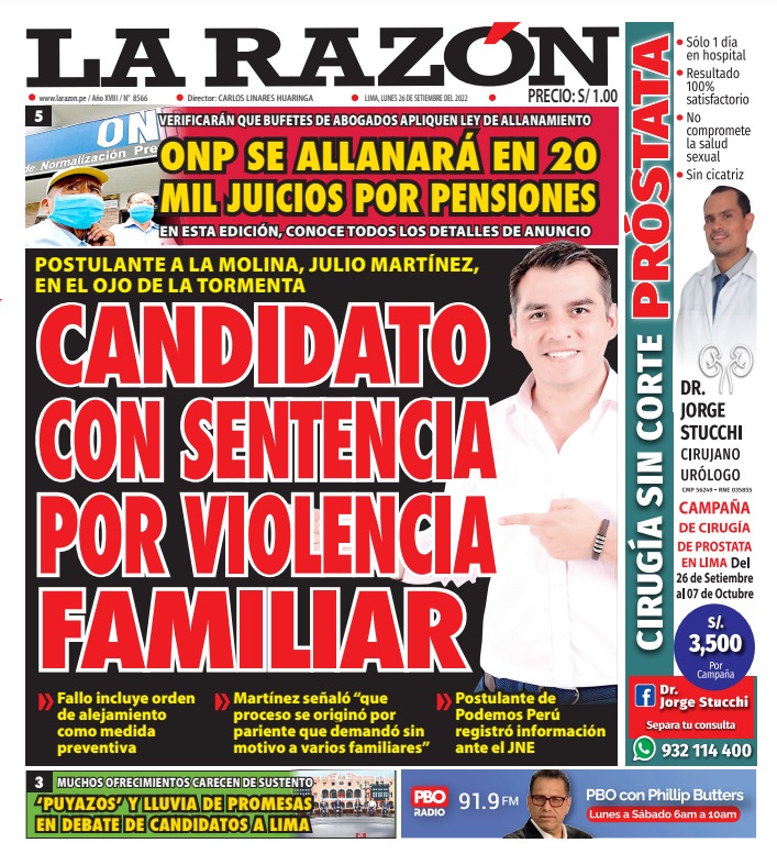 Portada impresa – Diario La Razón (26/09/2022) - La Razón