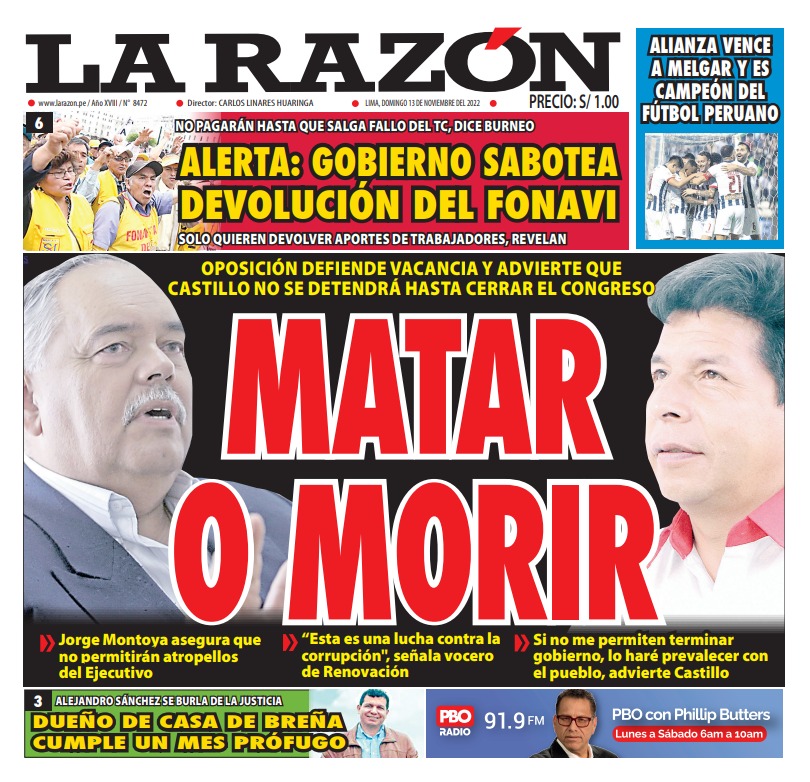 Portada impresa – Diario La Razón (13/11/2022) - La Razón