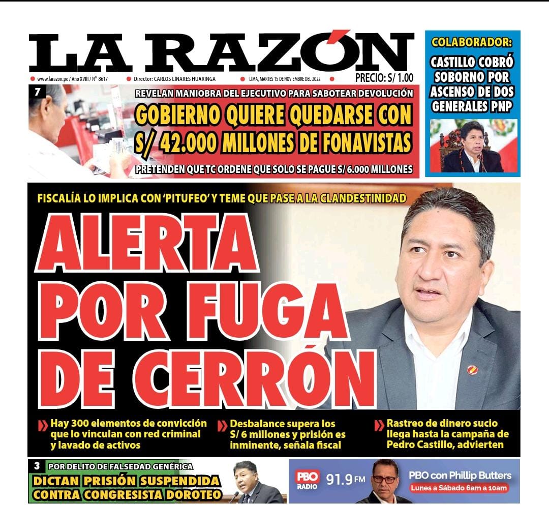 Portada impresa – Diario La Razón (15/11/2022) - La Razón