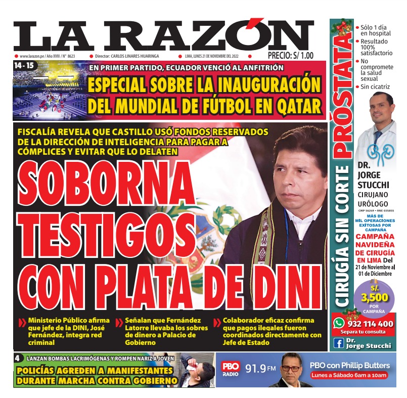 Portada impresa – Diario La Razón (21/11/2022) - La Razón