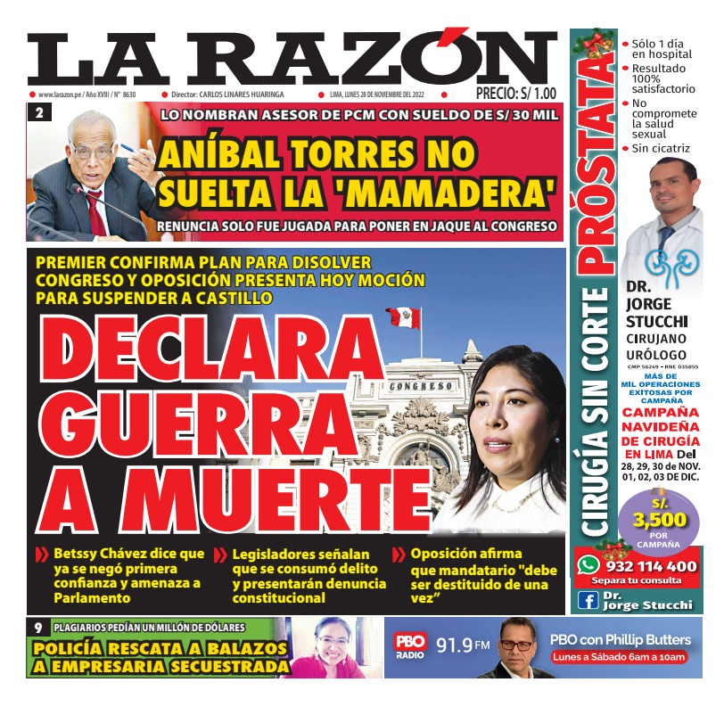 Portada impresa – Diario La Razón (28/11/2022) - La Razón