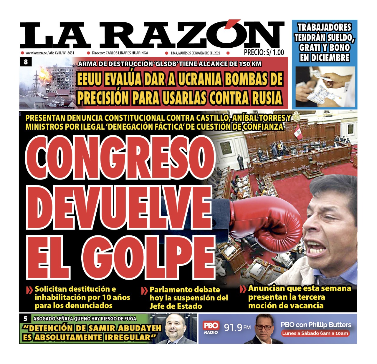 Portada impresa – Diario La Razón (29/11/2022) - La Razón