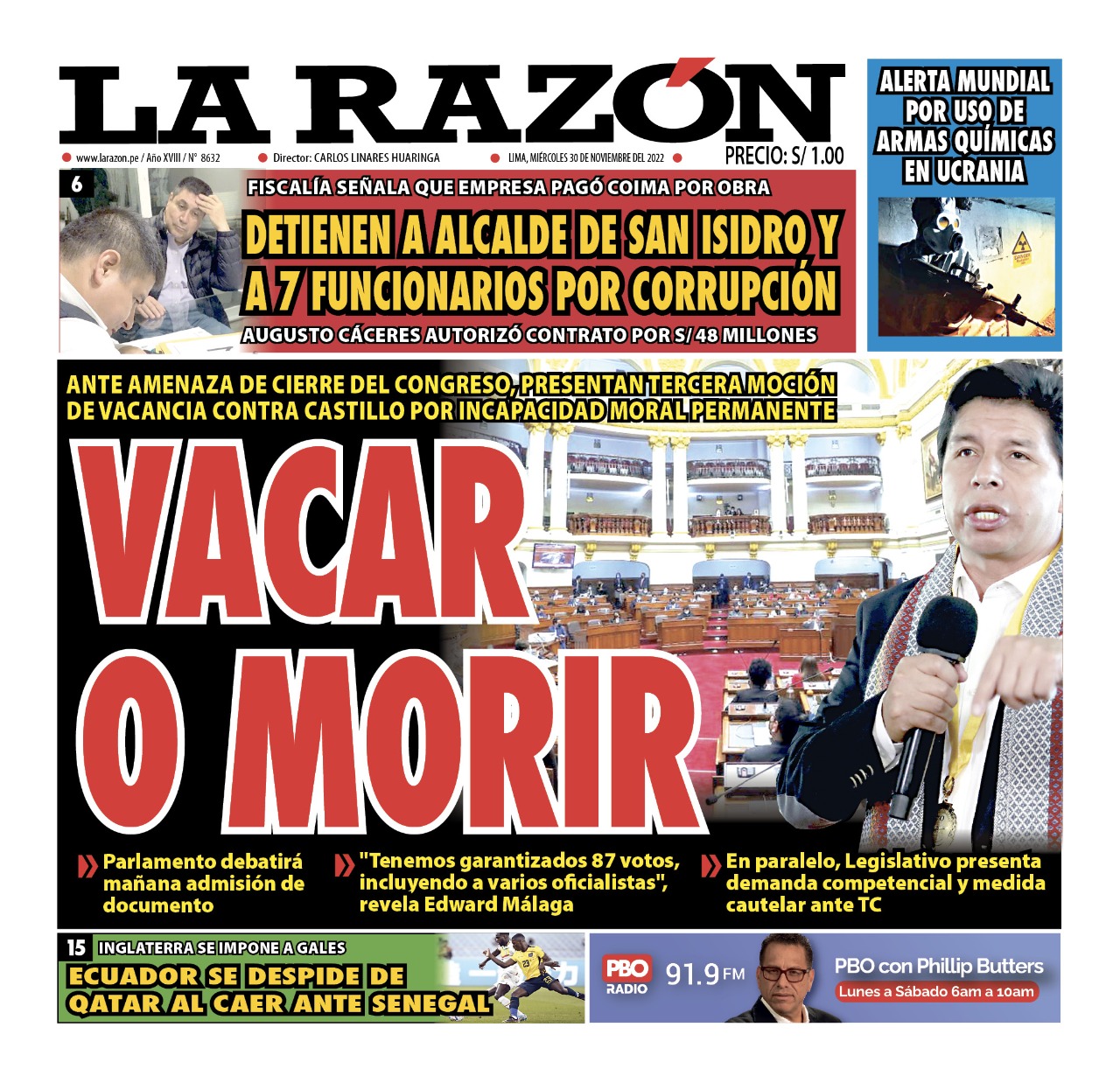 Portada impresa – Diario La Razón (30/11/2022) - La Razón