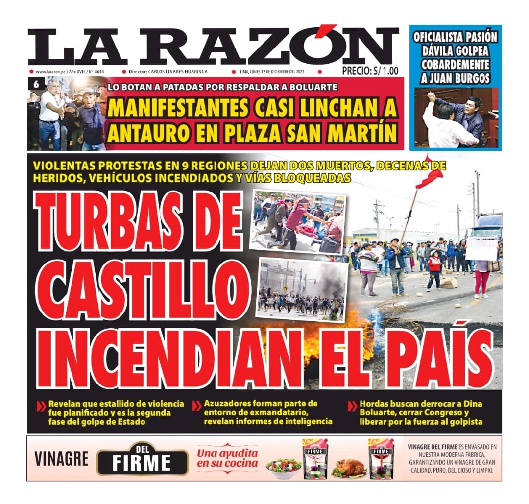 Portada impresa – Diario La Razón (12/12/2022) - La Razón
