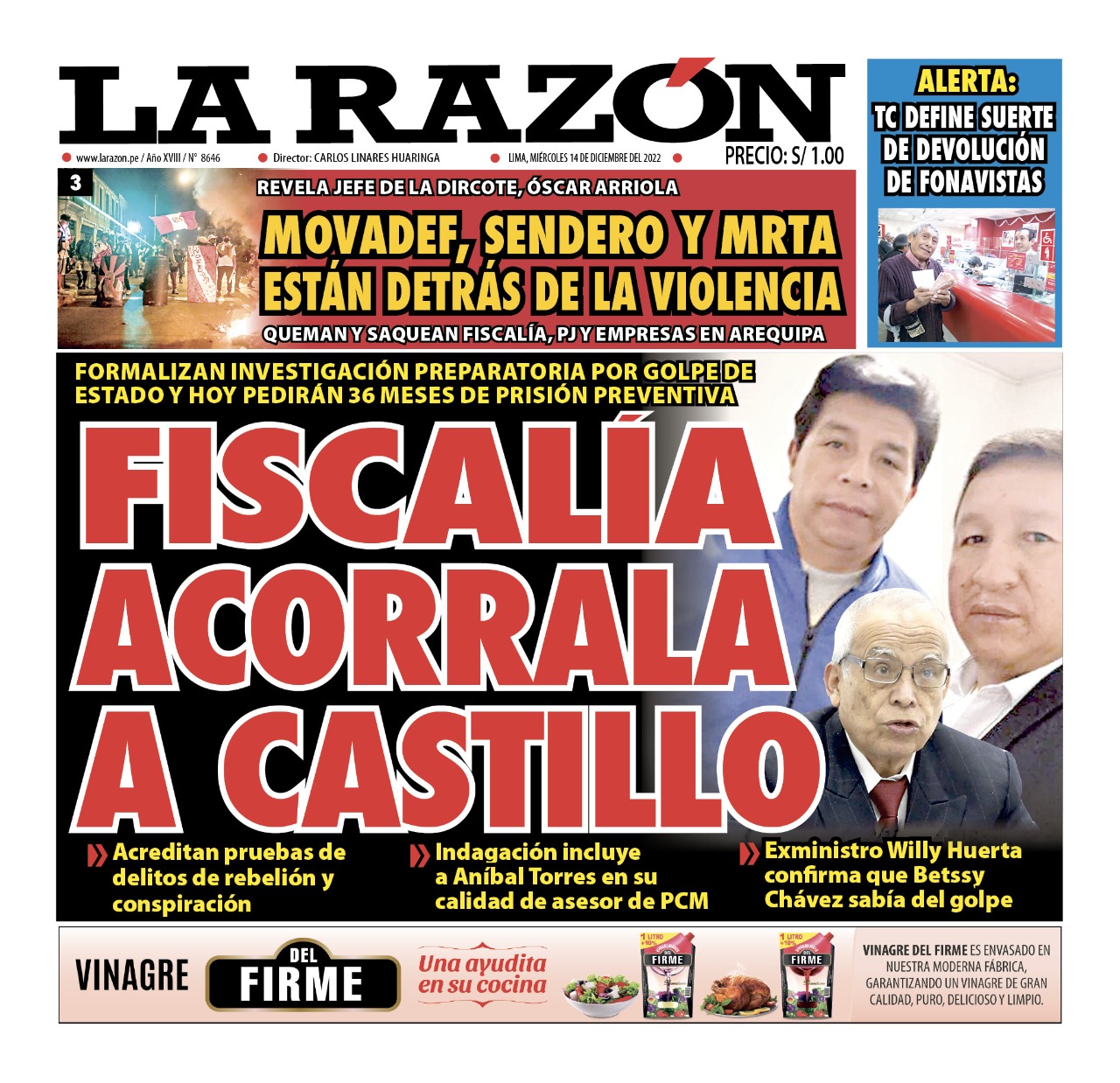 Portada impresa – Diario La Razón (14/12/2022) - La Razón