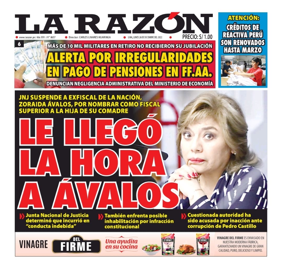 Portada impresa – Diario La Razón (26/12/2022) - La Razón