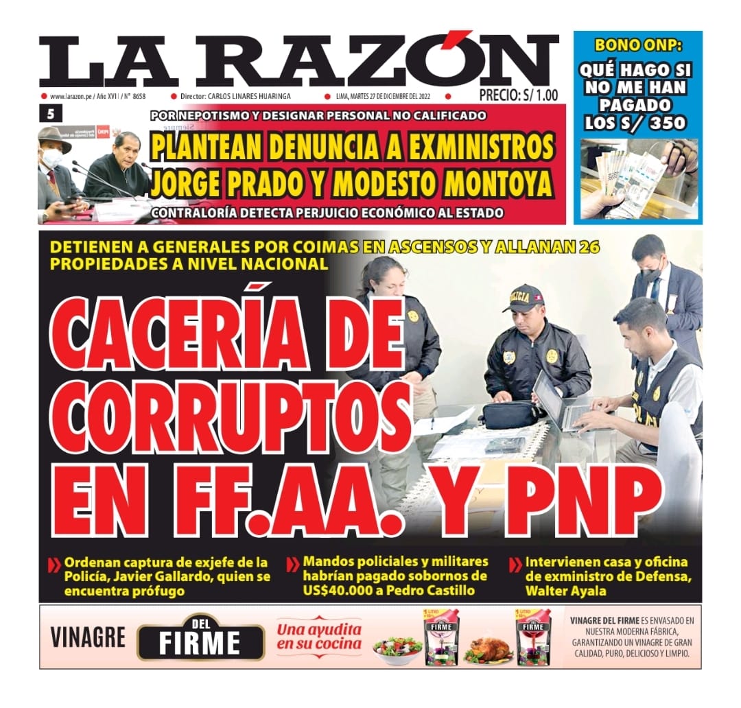 Portada impresa – Diario La Razón (27/12/2022) - La Razón
