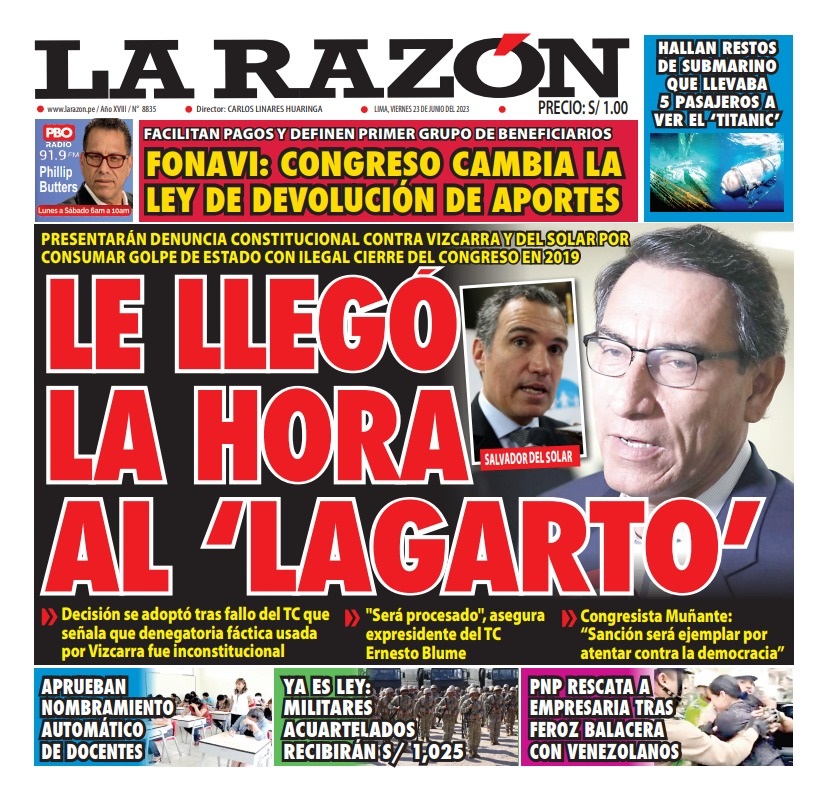 Portada impresa – Diario La Razón (23/06/2023) - La Razón
